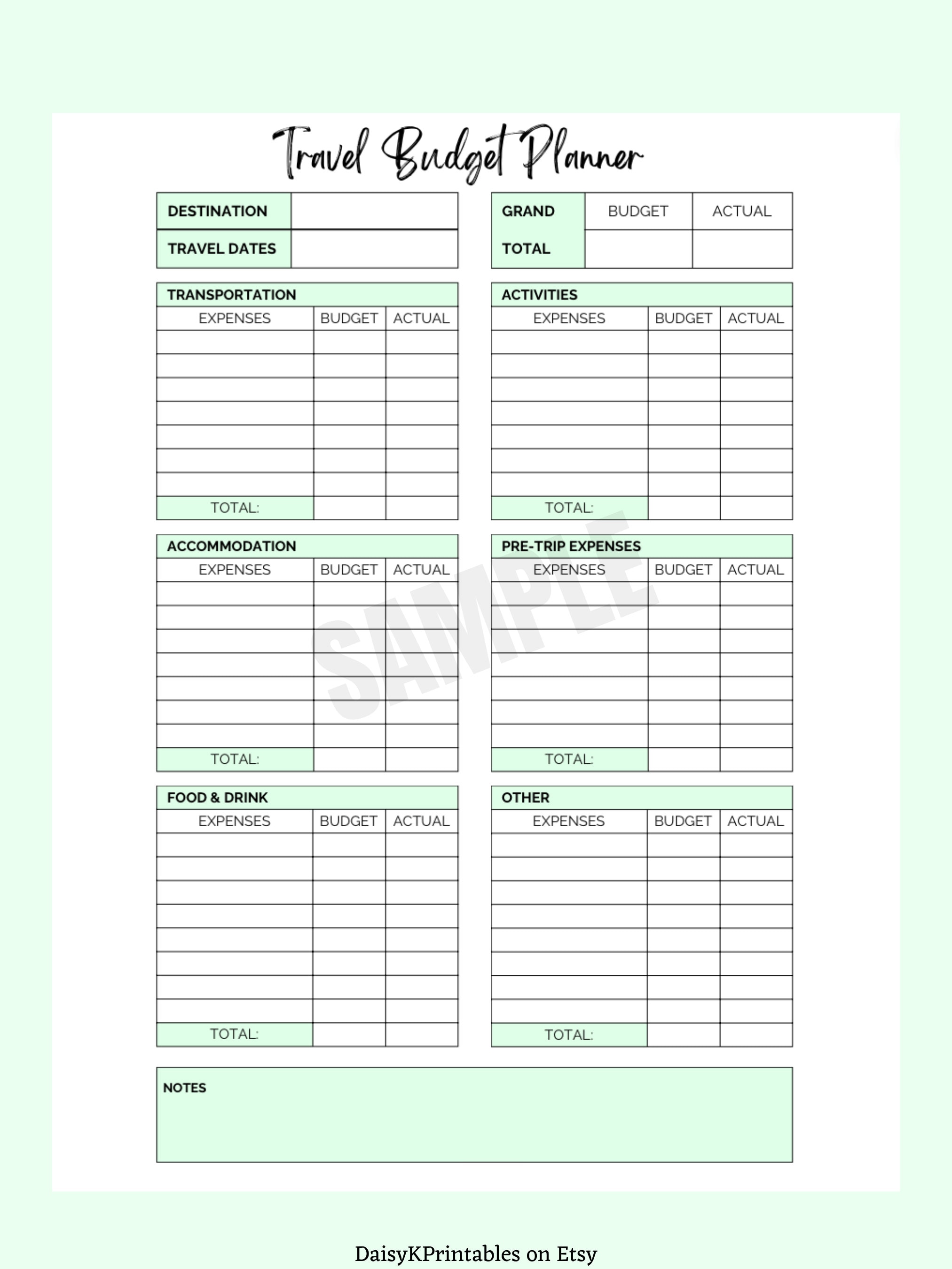 Travel Budget Planner Digital Download Printable PDF, Vacation Budget ...