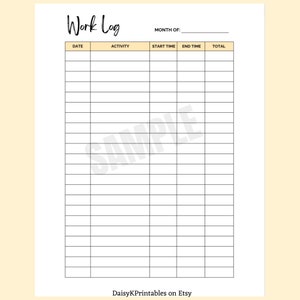 Work Log Digital Download Printable PDF, Work Tracker, Log Work Hours ...