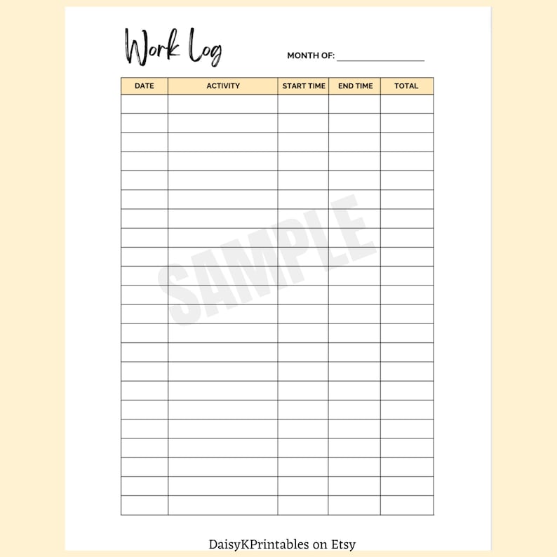Work Log Digital Download Printable PDF, Work Tracker, Log Work Hours ...