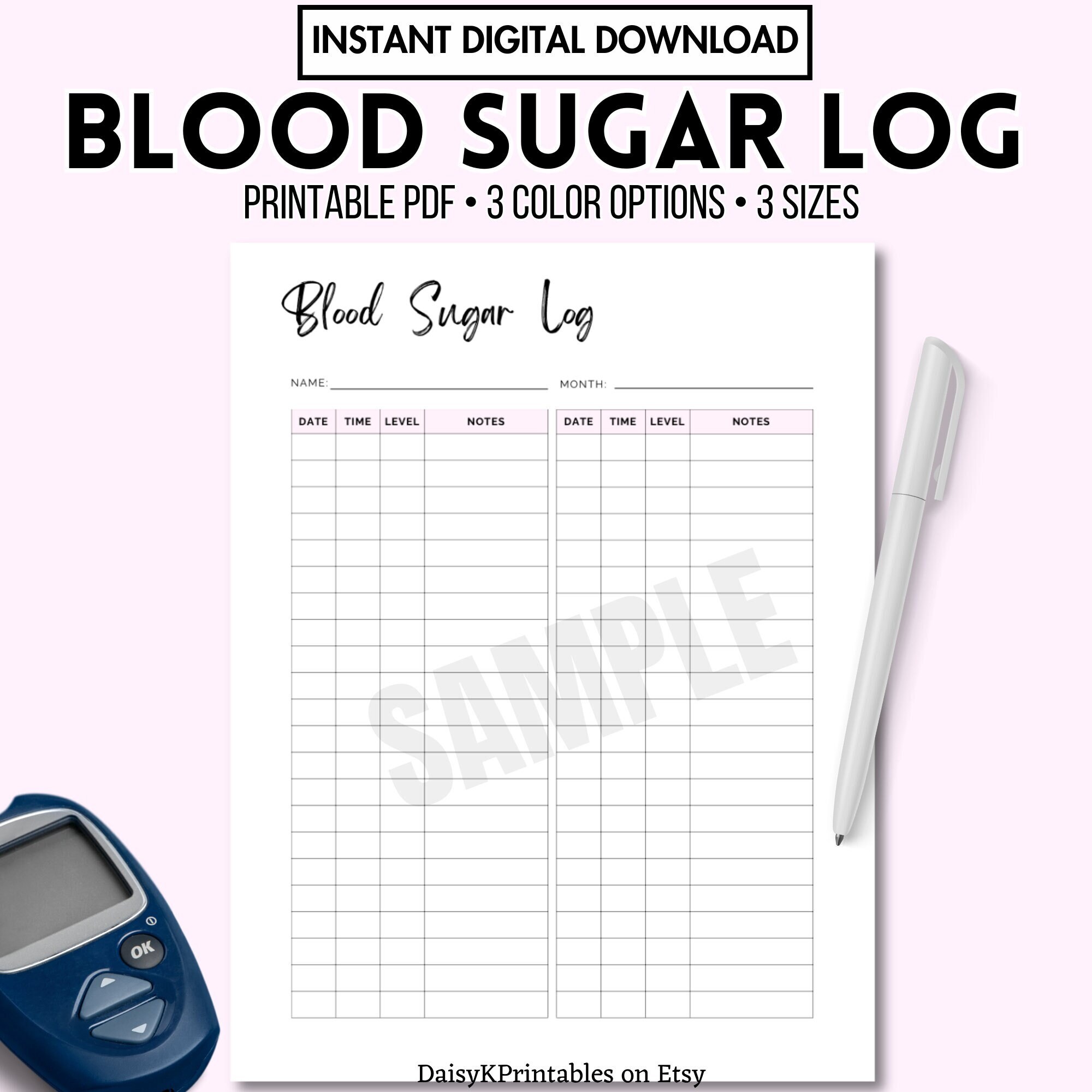 Blood Sugar Log Digital Download, Blood Glucose Tracker, Diabetes Log ...