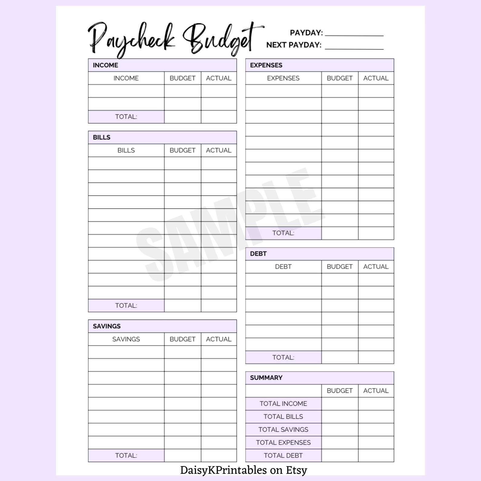 Paycheck Budget Printable Digital Download PDF, Budget Planner, Budget ...