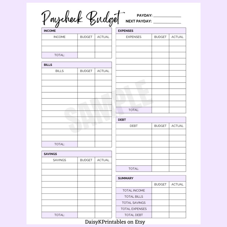 Paycheck Budget Printable Digital Download PDF, Budget Planner, Budget ...
