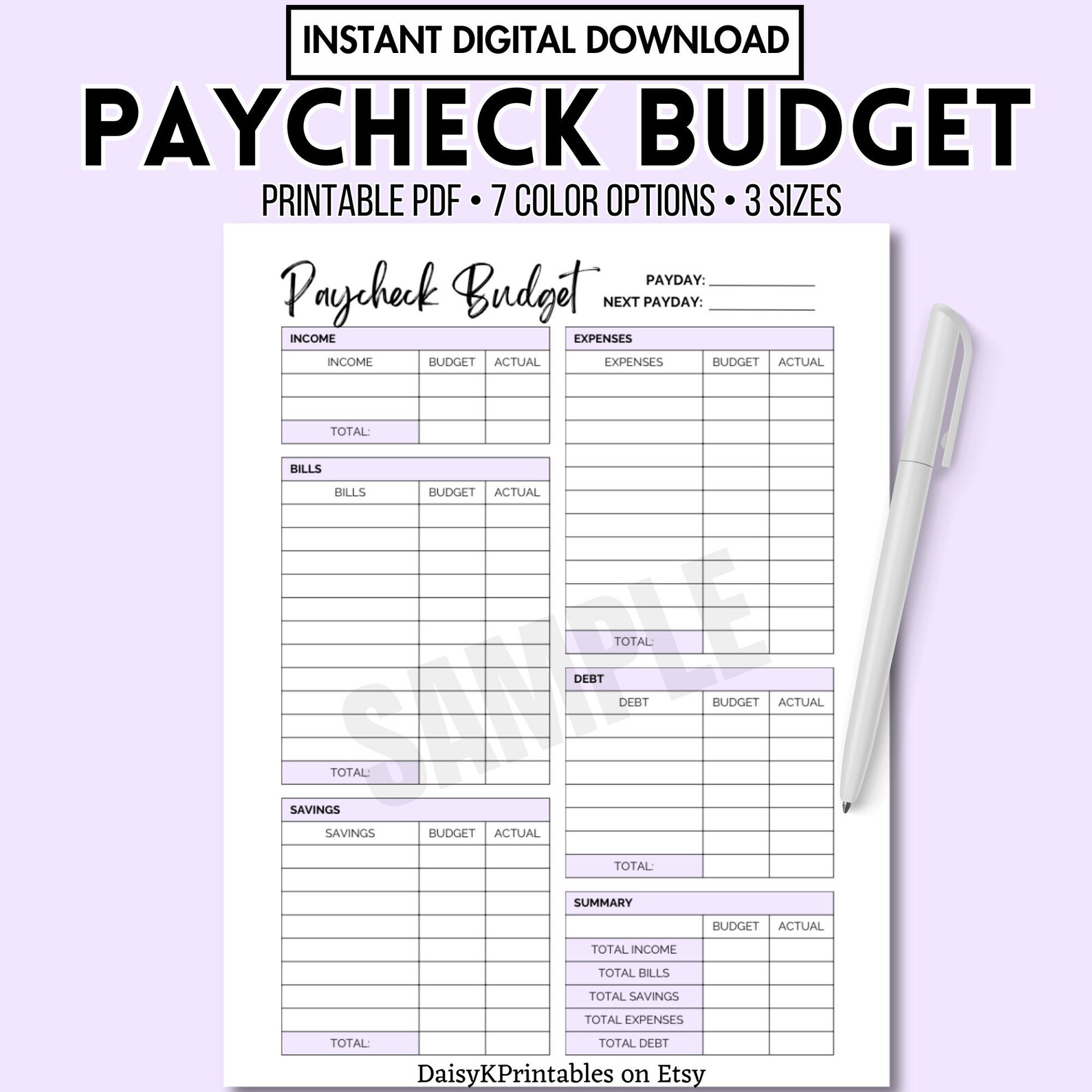 Paycheck Budget Printable Digital Download PDF, Budget Planner, Budget ...