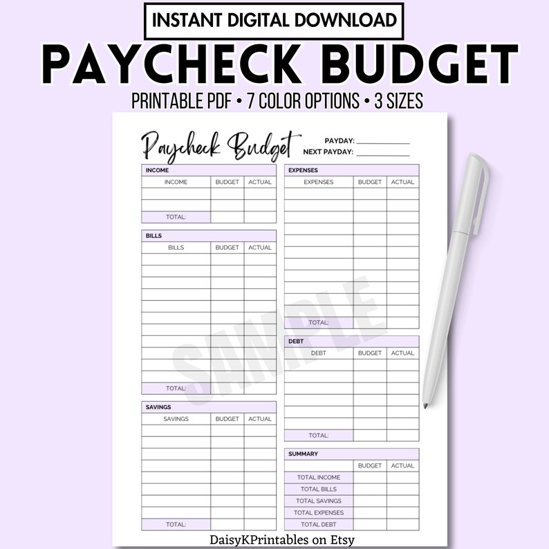 Paycheck Budget Printable Digital Download PDF, Budget Planner, Budget ...