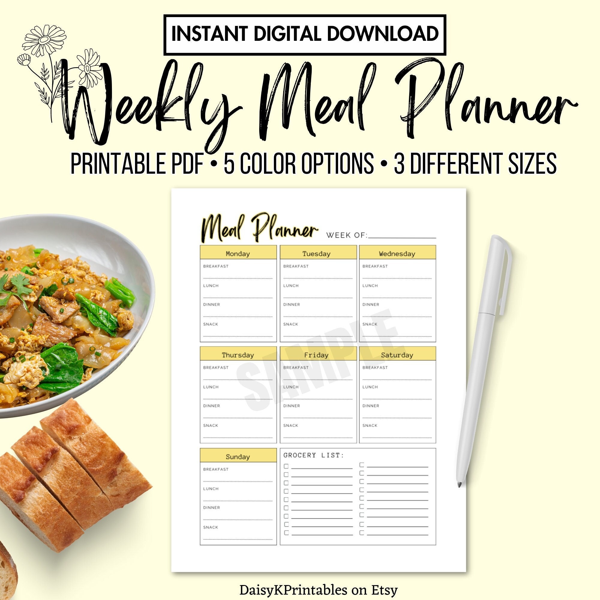 Weekly Meal Planner Digital Download PDF, Printable Menu, Grocery List ...