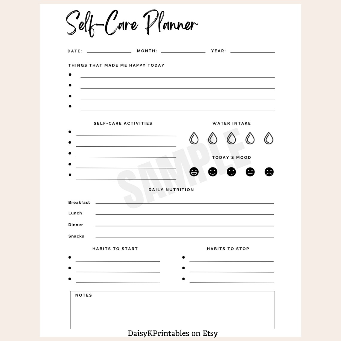 Daily Self-care Planner Digital Download PDF Printable, Self-care Log ...