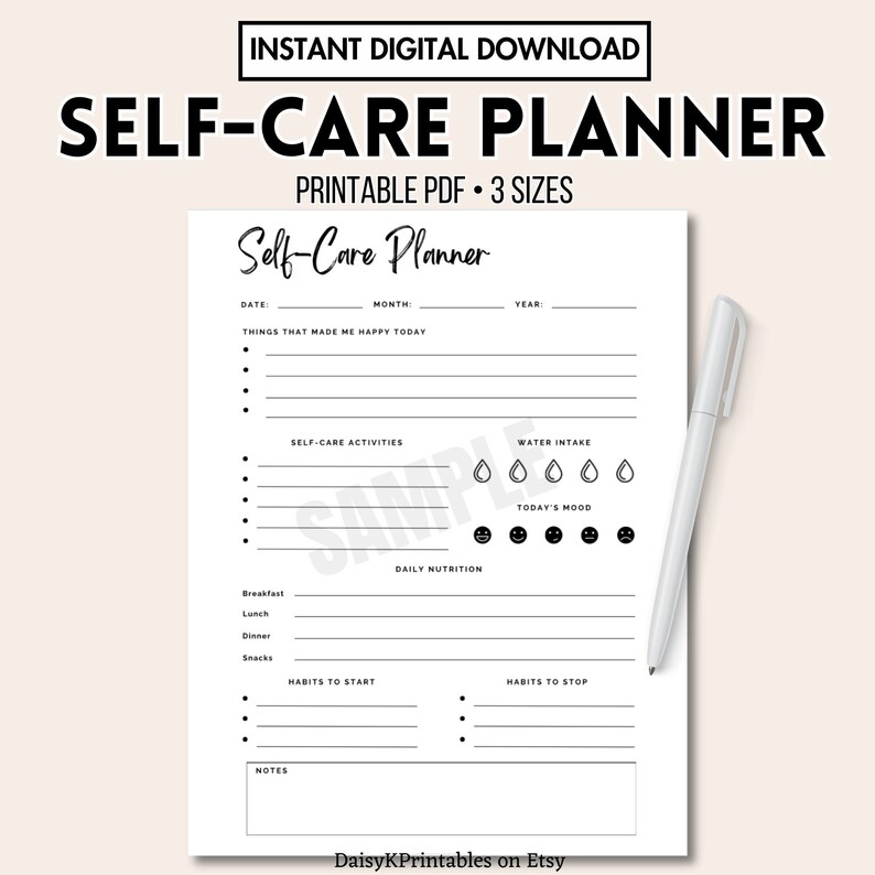 Daily Self-care Planner Digital Download PDF Printable, Self-care Log ...