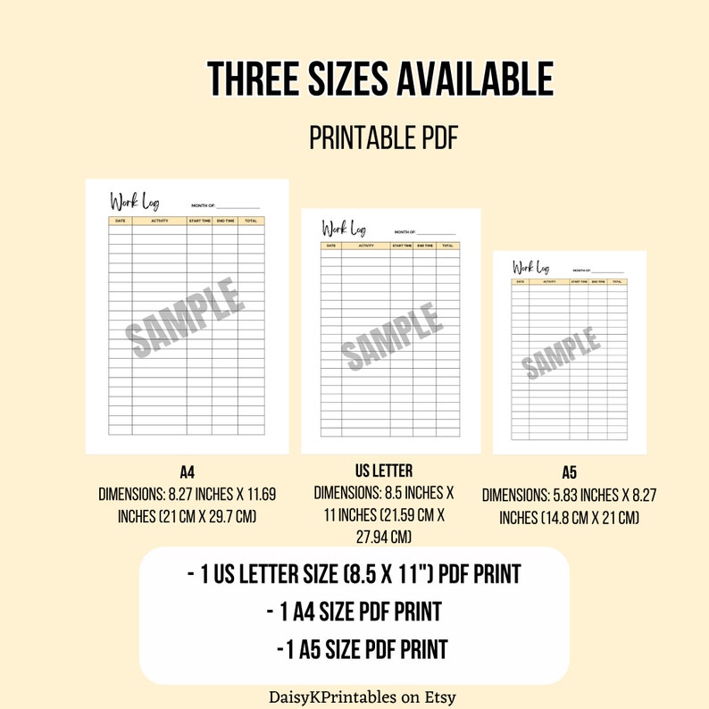Work Log Digital Download Printable PDF, Work Tracker, Log Work Hours ...