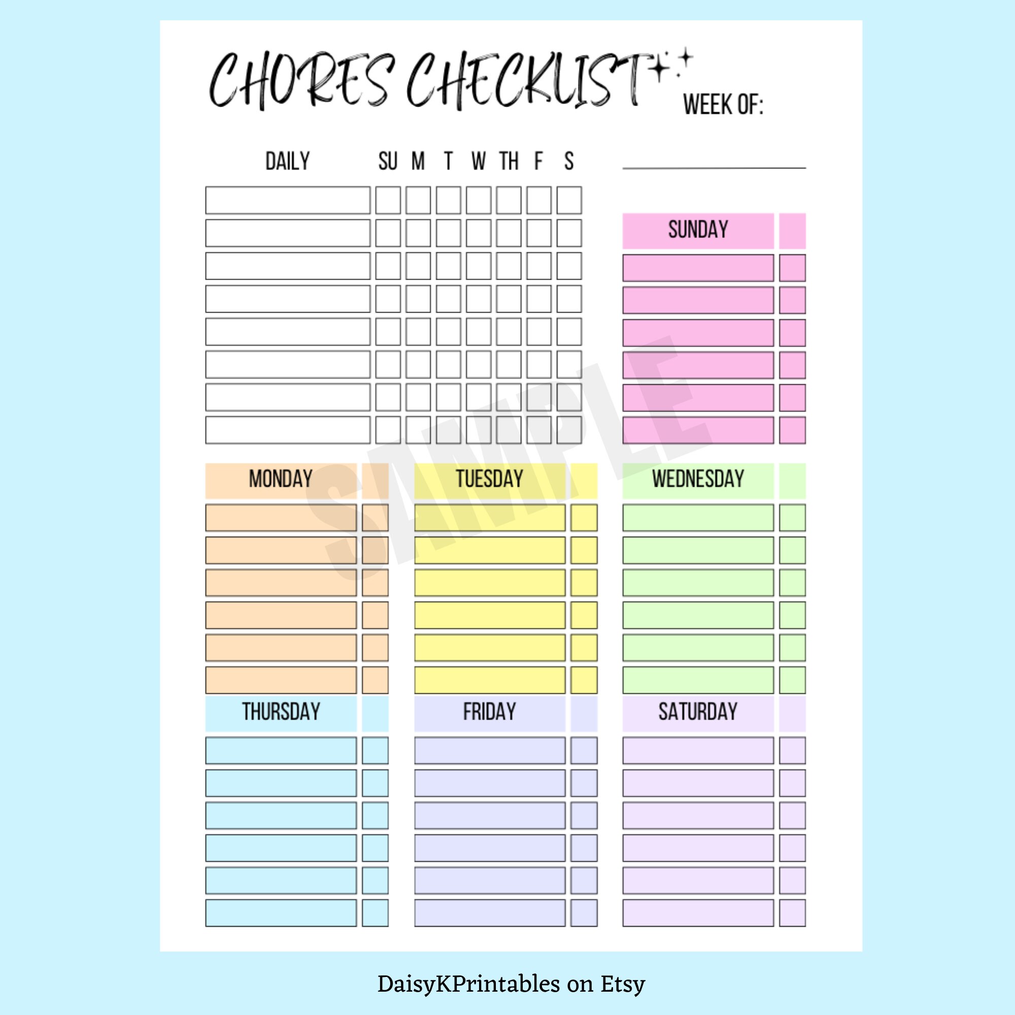 Chores Checklist, Cleaning Checklist, Digital Download Printable PDF ...
