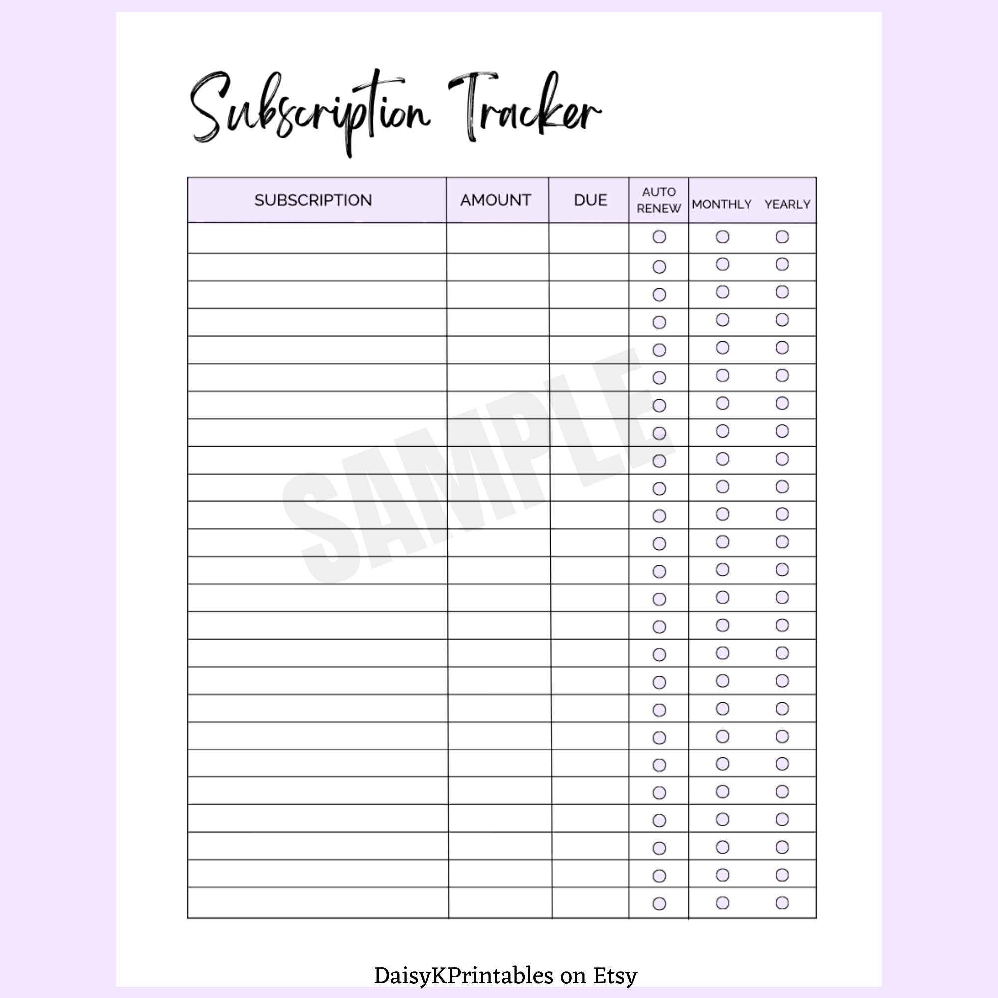 Subscription Tracker Printable Digital Download, Expense Tracker ...