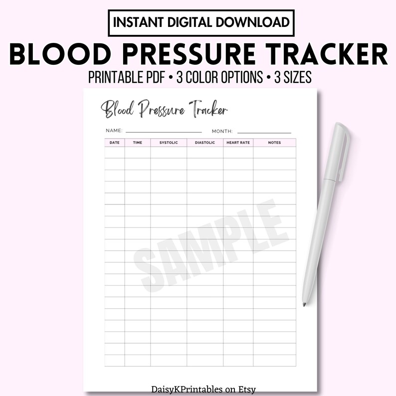 Blood Pressure Tracker Digital Download Printable PDF, Daily Blood ...