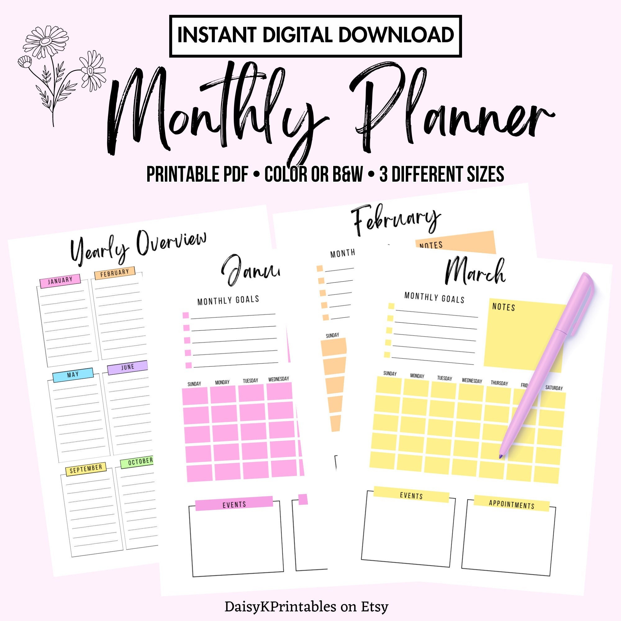 Monthly Planner Digital Download Printable PDF, Instant Download ...