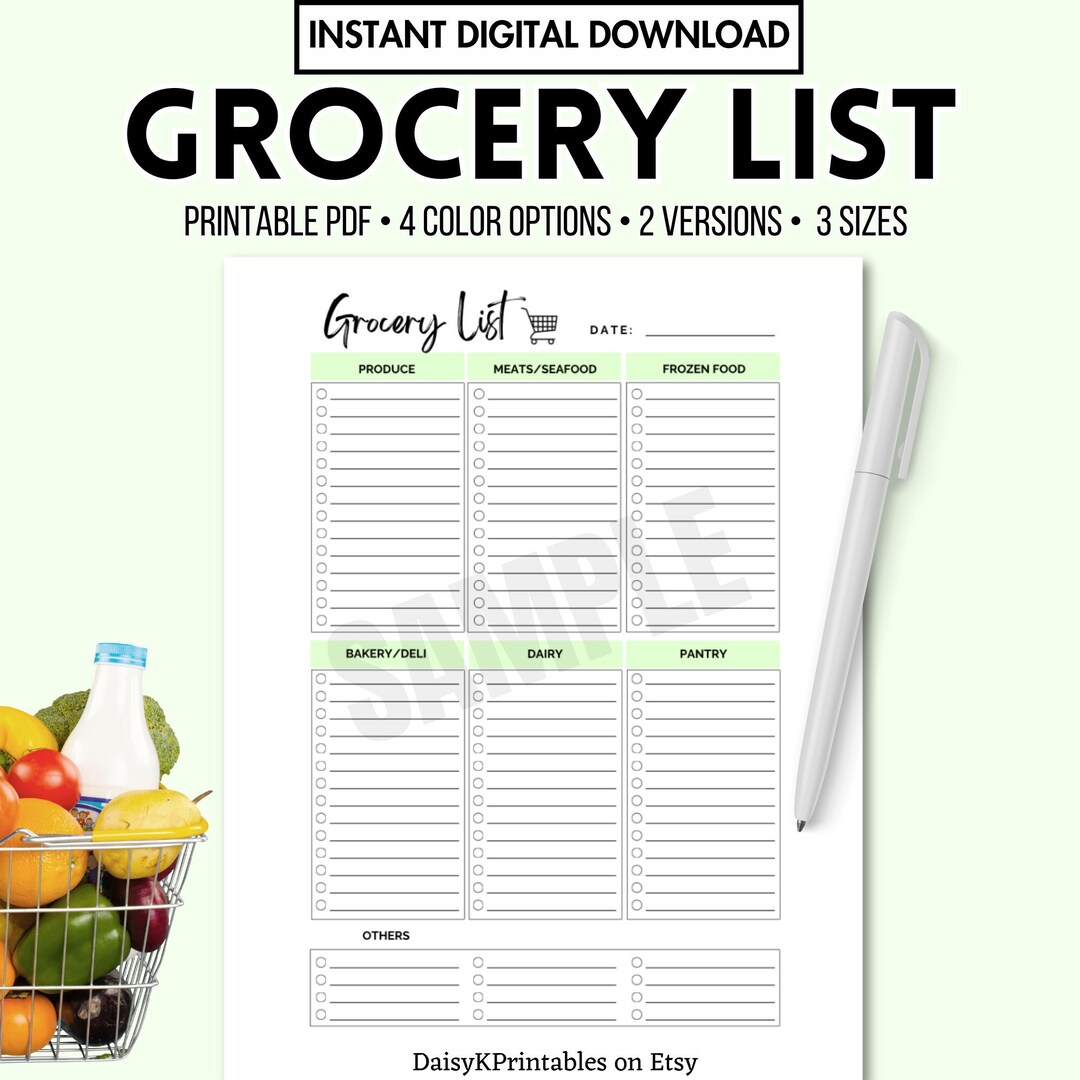 Grocery List Digital Download Printable PDF, Grocery Planner, Food ...