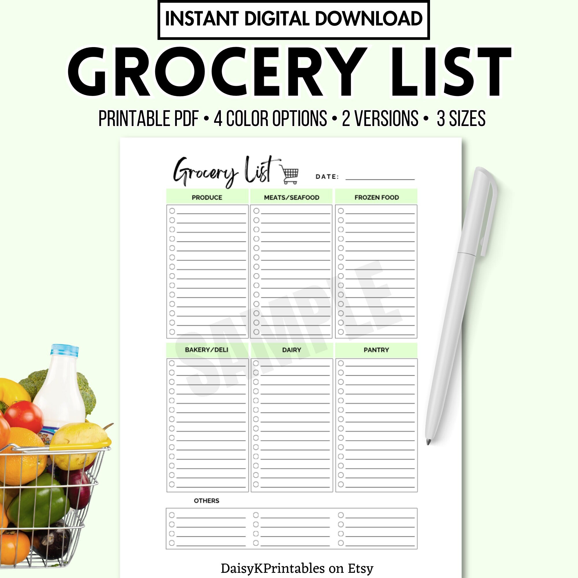 Grocery List Digital Download Printable PDF, Grocery Planner, Food ...