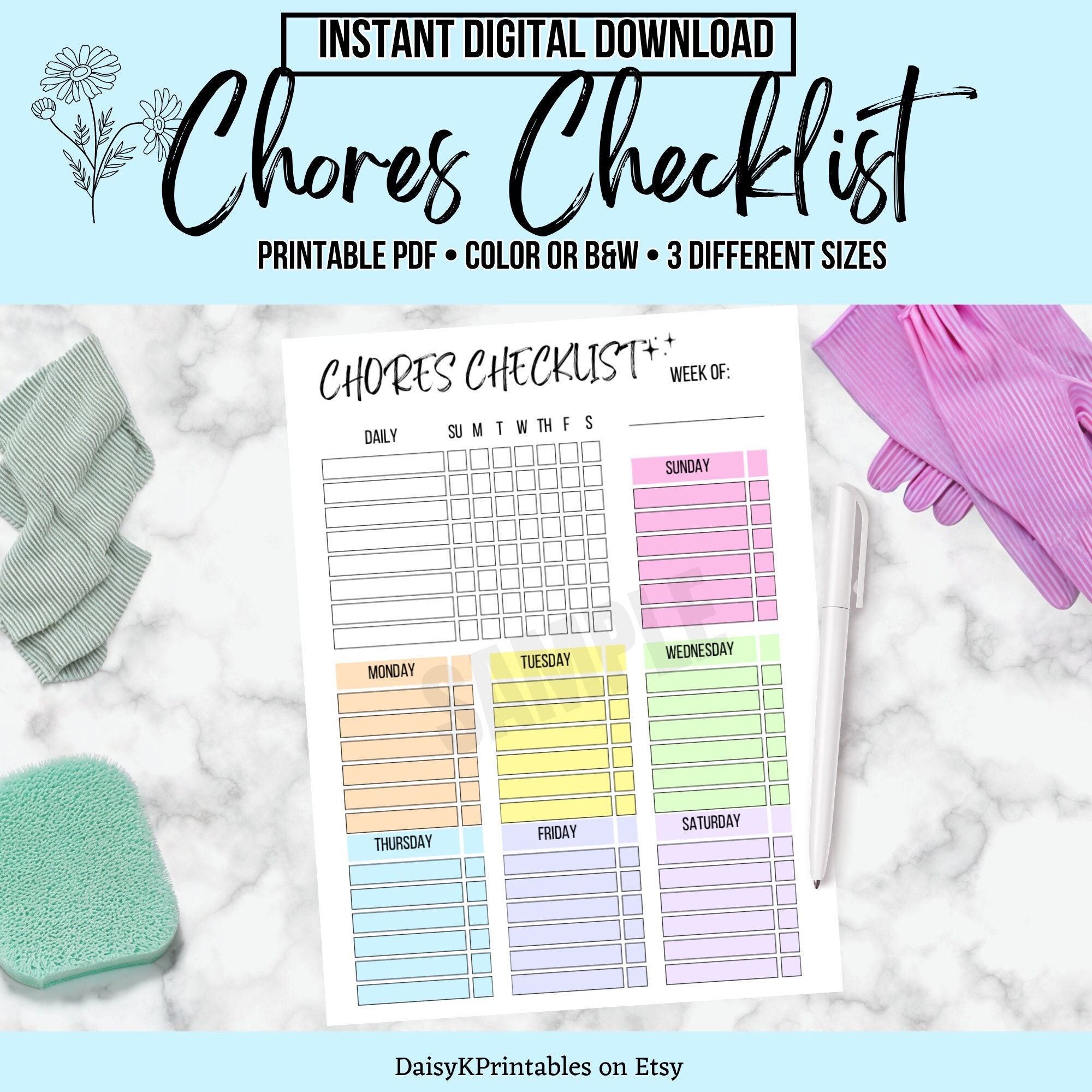 Chores Checklist Cleaning Checklist Digital Download Printable Pdf