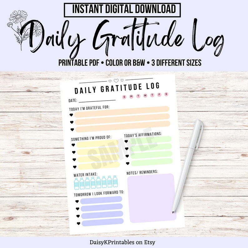 Daily Gratitude Log, Gratitude Journal Digital Download PDF ...