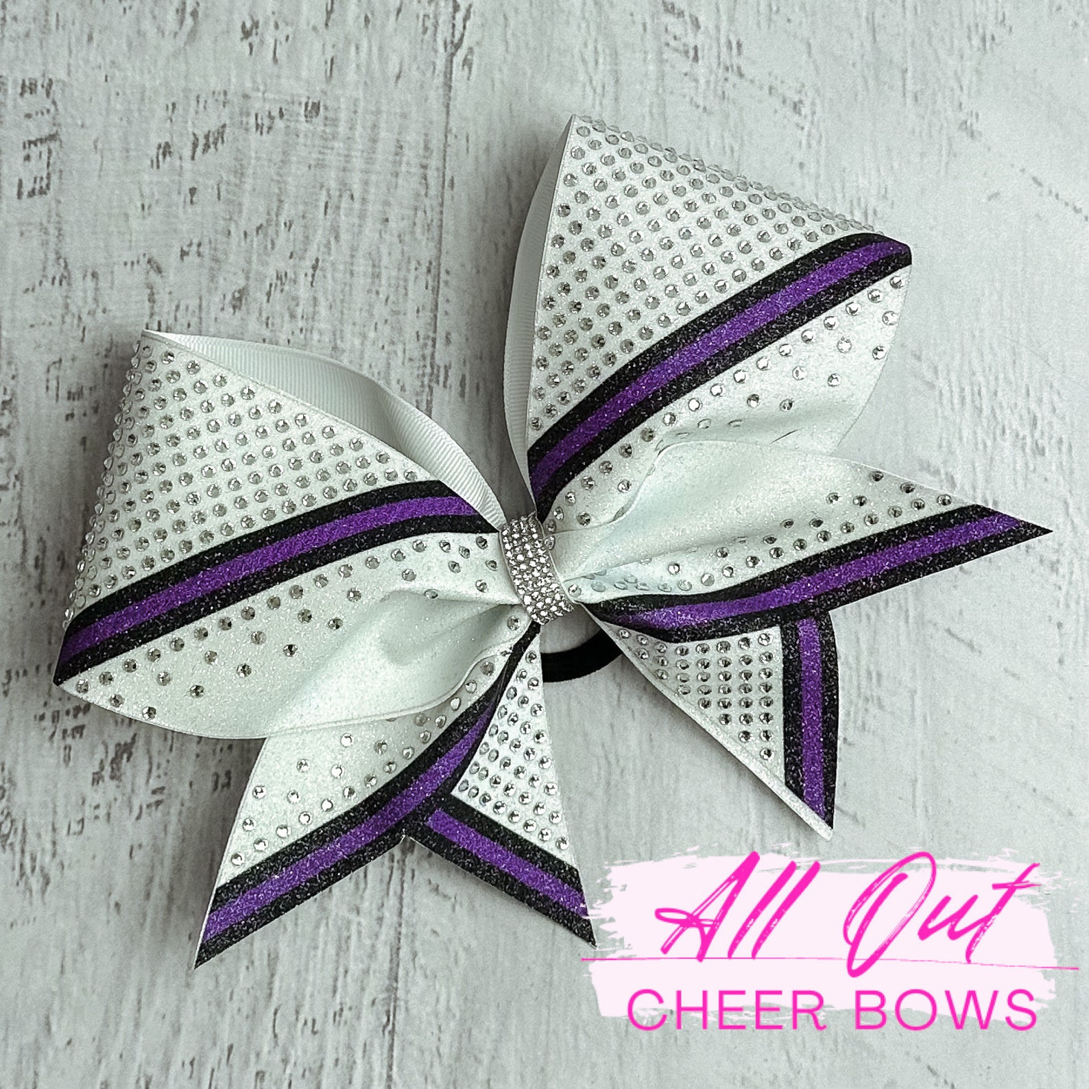 Christa White, Black, and Purple With Rhinestones Cheer Bow - Practice ...