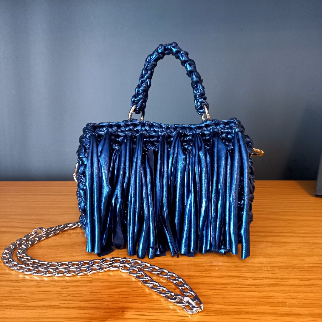 Sax Blue Crochet Mini Bag, Shiny Evening Handbag, Metallic Yarn Bag ...