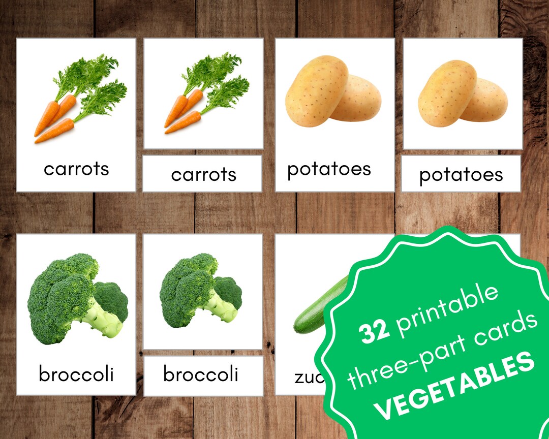 Tarjetas imprimibles de tres partes Imágenes reales de vegetales ...