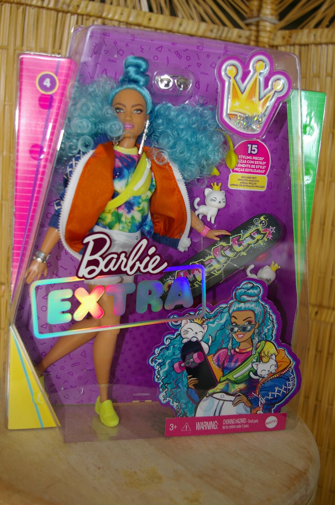 Barbie Extra Doll #4, Pet Cats, Malibu Skateboard, Blue Curly Hair ...