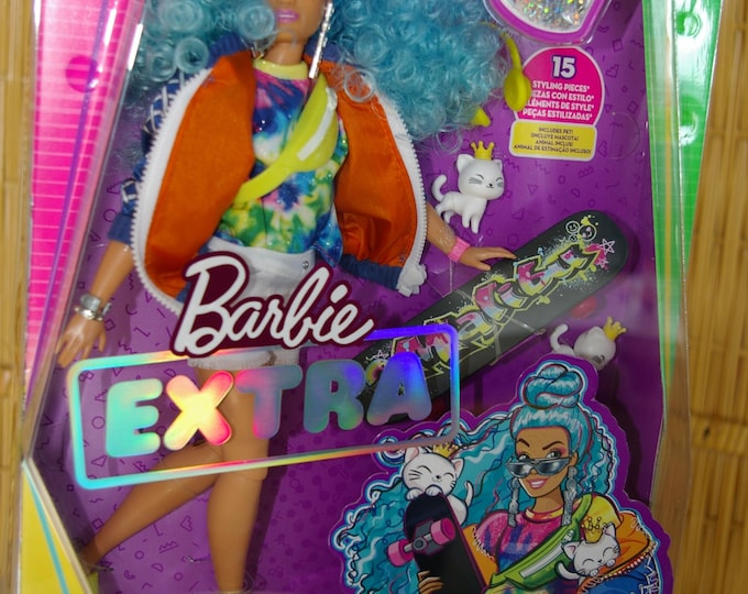 Barbie Extra Doll #4, Pet Cats, Malibu Skateboard, Blue Curly Hair ...