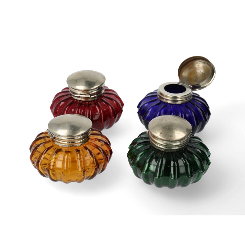 Vintage Ribbed Glass Inkwell Set – Colorful Desk Decor - Etsy