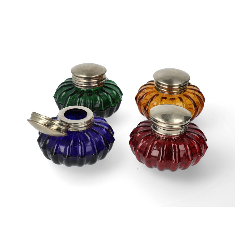Vintage Ribbed Glass Inkwell Set – Colorful Desk Decor - Etsy