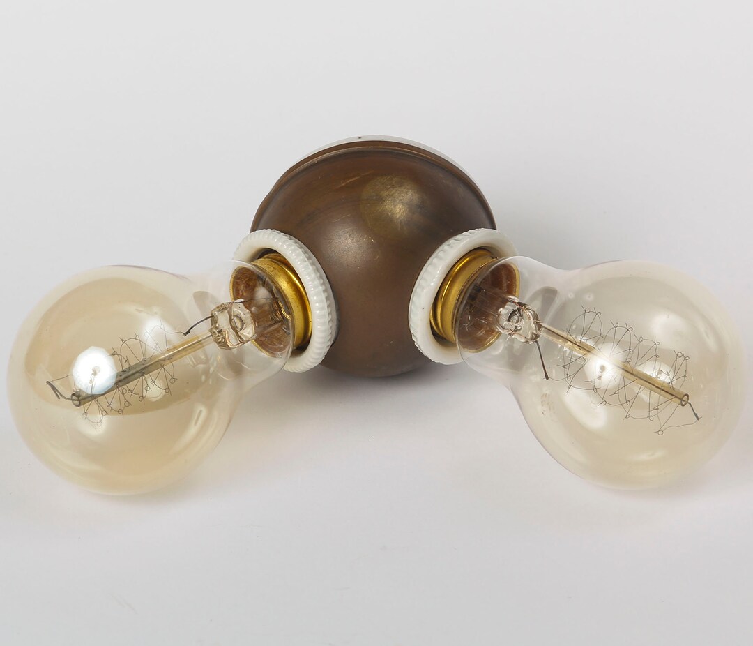 Old Vintage Two Bulb Socket Adapter, Brass and Porcelain, 1900s ...