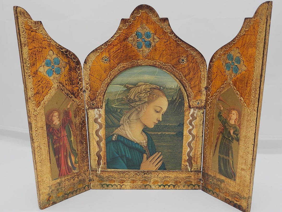 Vintage Catholic Italian Triptych of Virgin Mary, Guardian Angels ...