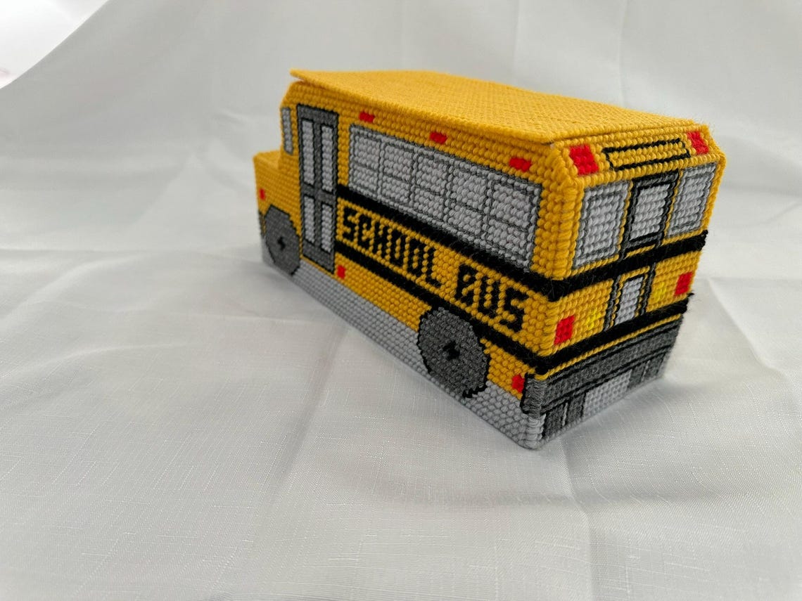 School Bus Storage Box. Handmade Plastic Canvas School Bus Storage Box ...