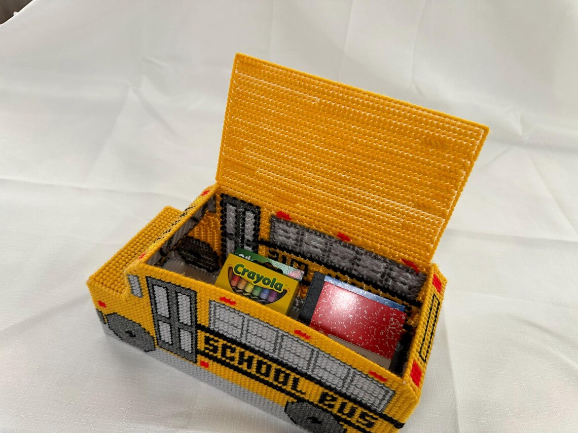 School Bus Storage Box. Handmade Plastic Canvas School Bus Storage Box ...