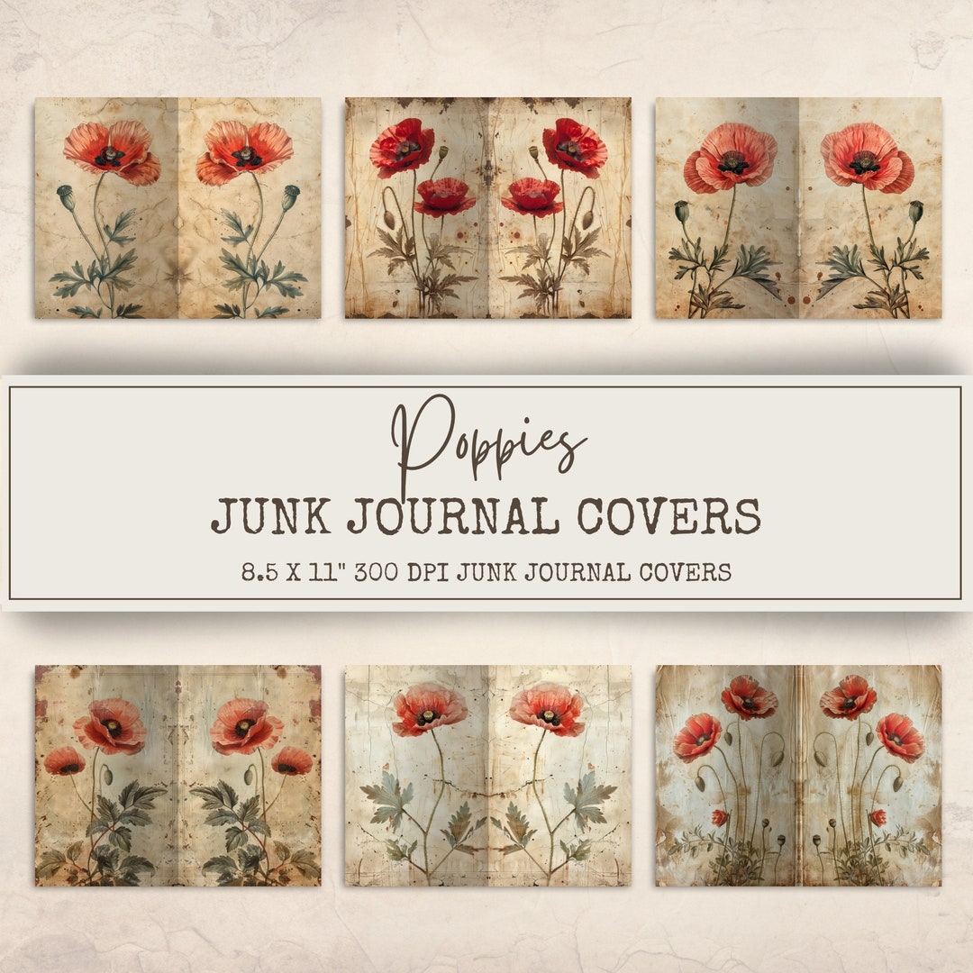 Vintage Poppy Junk Journal Digital Covers, Poppy Florals, 6 Digital ...