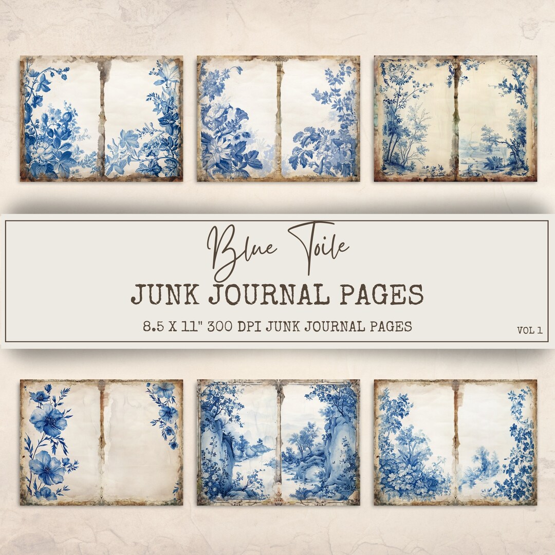 Blue Toile Junk Journal Digital Paper, Blue Florals, 6 Digital Journal ...
