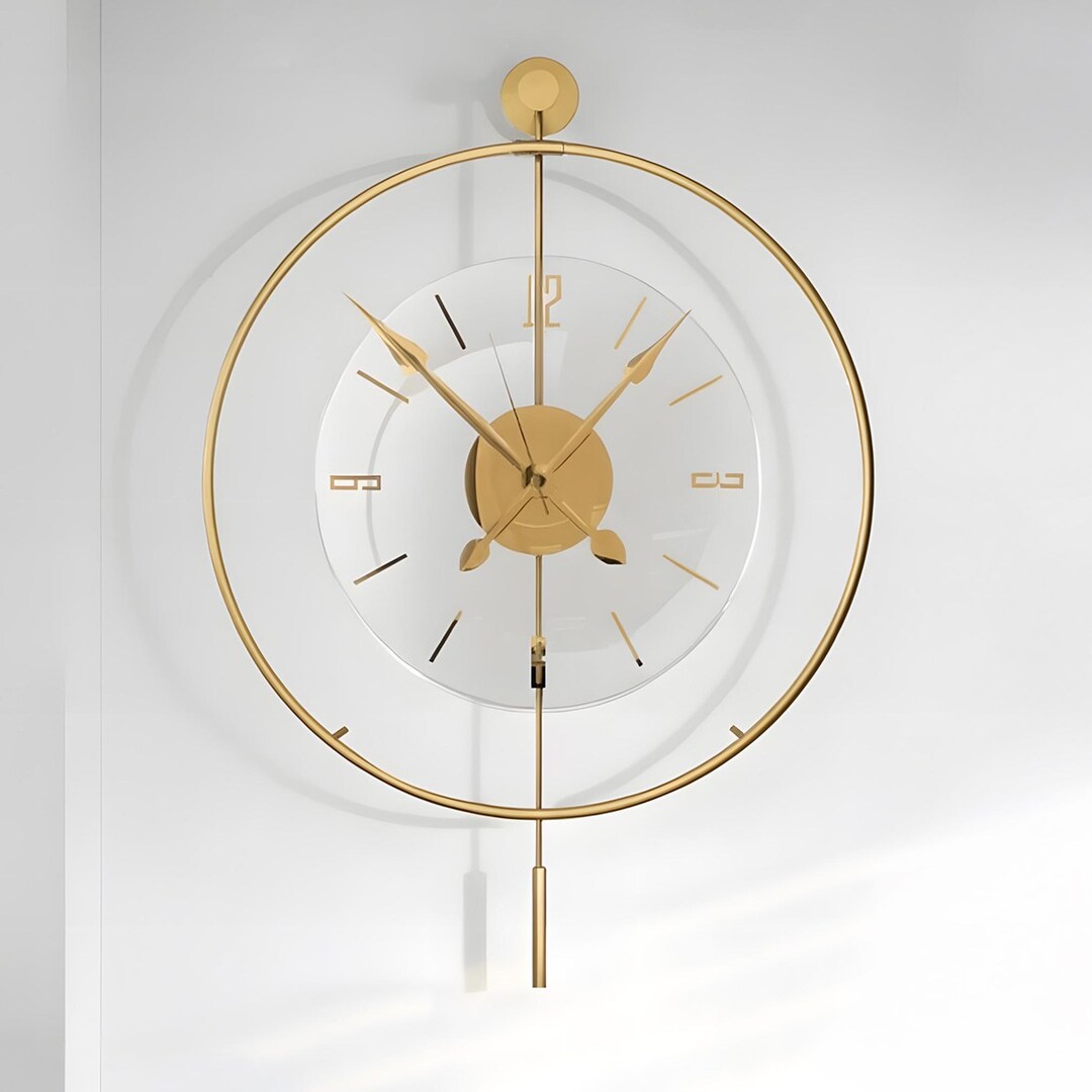Large Gold Wall Clock With Pendulum, Silent Minimalist Glass Art ...