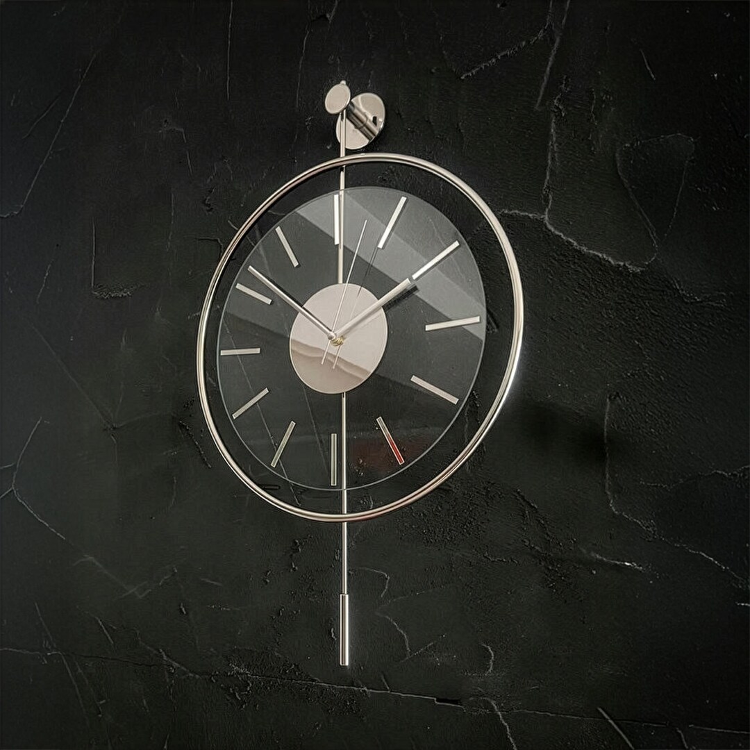 Modern Chrome Pendulum Wall Clock, Silent Minimalist Glass Art, Silver ...