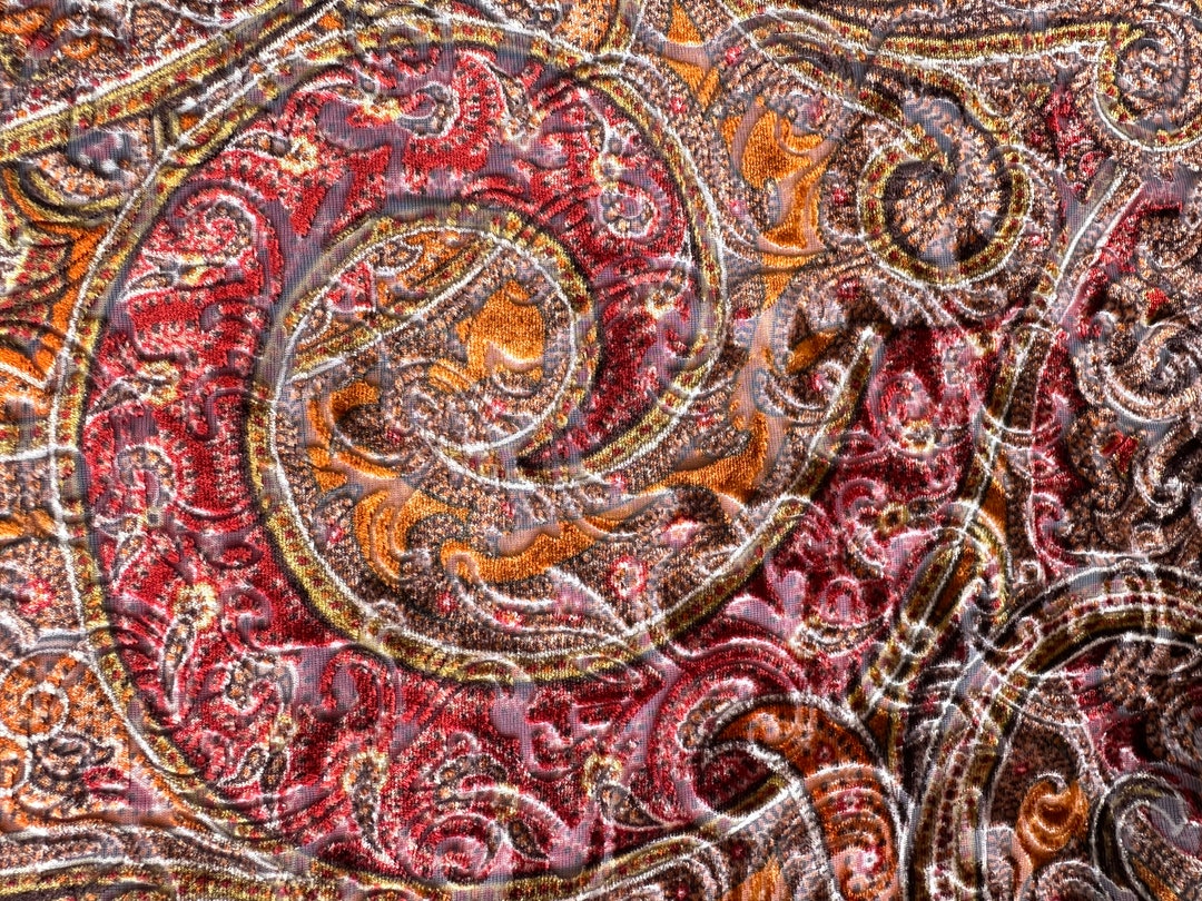 Devore burnout Velvet Silk Paisley Pattern in Wine Red Bronze From ...