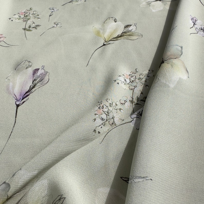 Italian Viscose Crepe Fabric in Pastel Mint Color, Delicate Floral ...