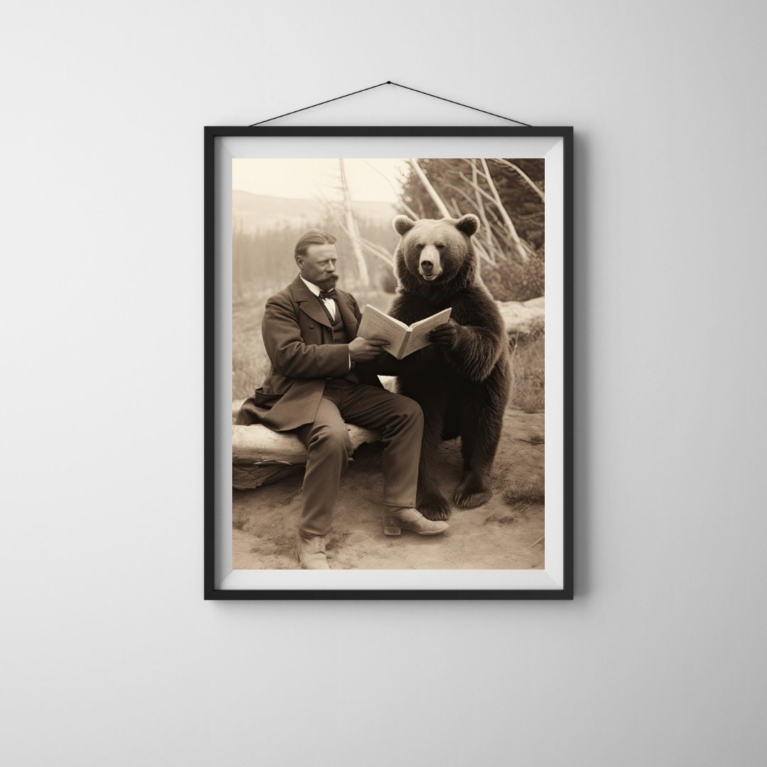 Teddy Roosevelt Reading to Bear Print: Humorous Classroom Art (digital ...