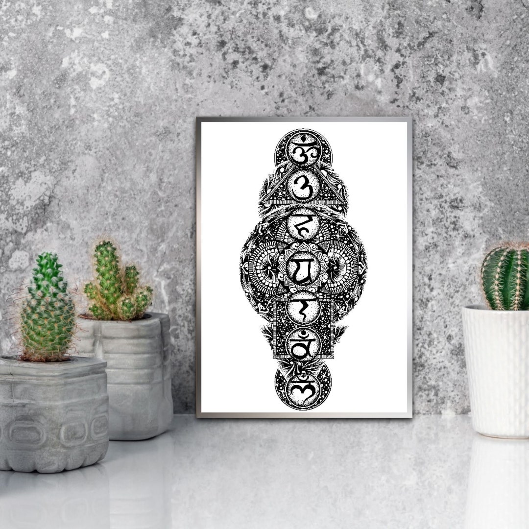 Black & White Seven Chakras Drawing Wall Art Mandala - Etsy