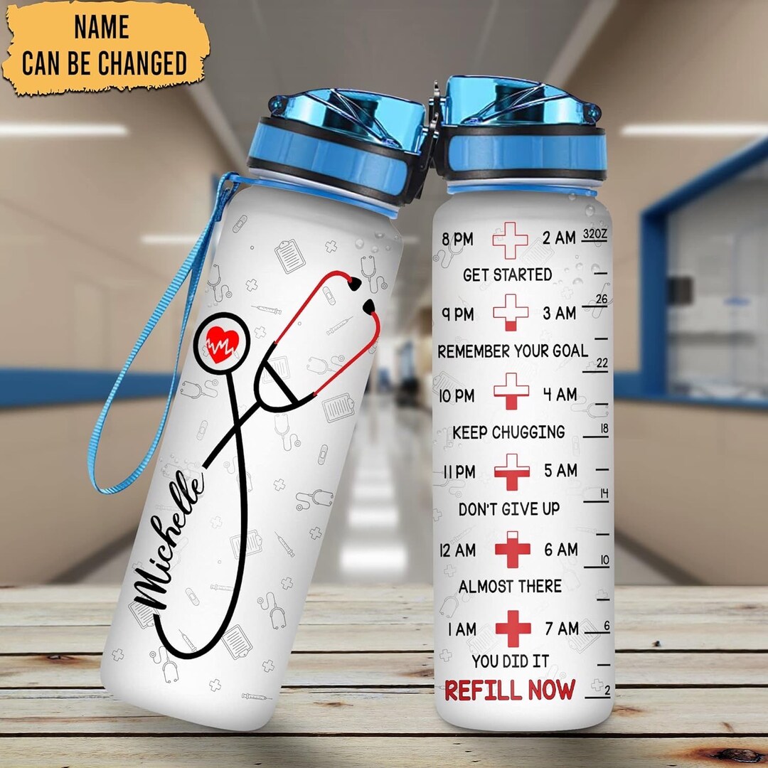 Personalized Stethoscope Nurse Water Tracker Bottle, Nurse Water Bottle ...