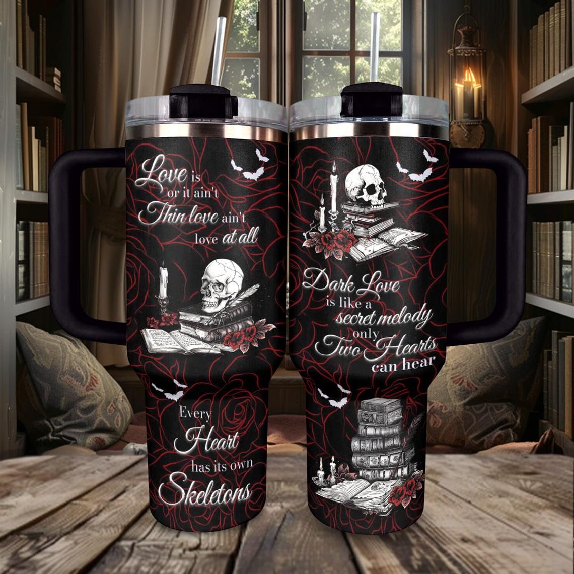 Skeleton and Books Girl 40oz Tumbler With Handle and Straw,librarian ...