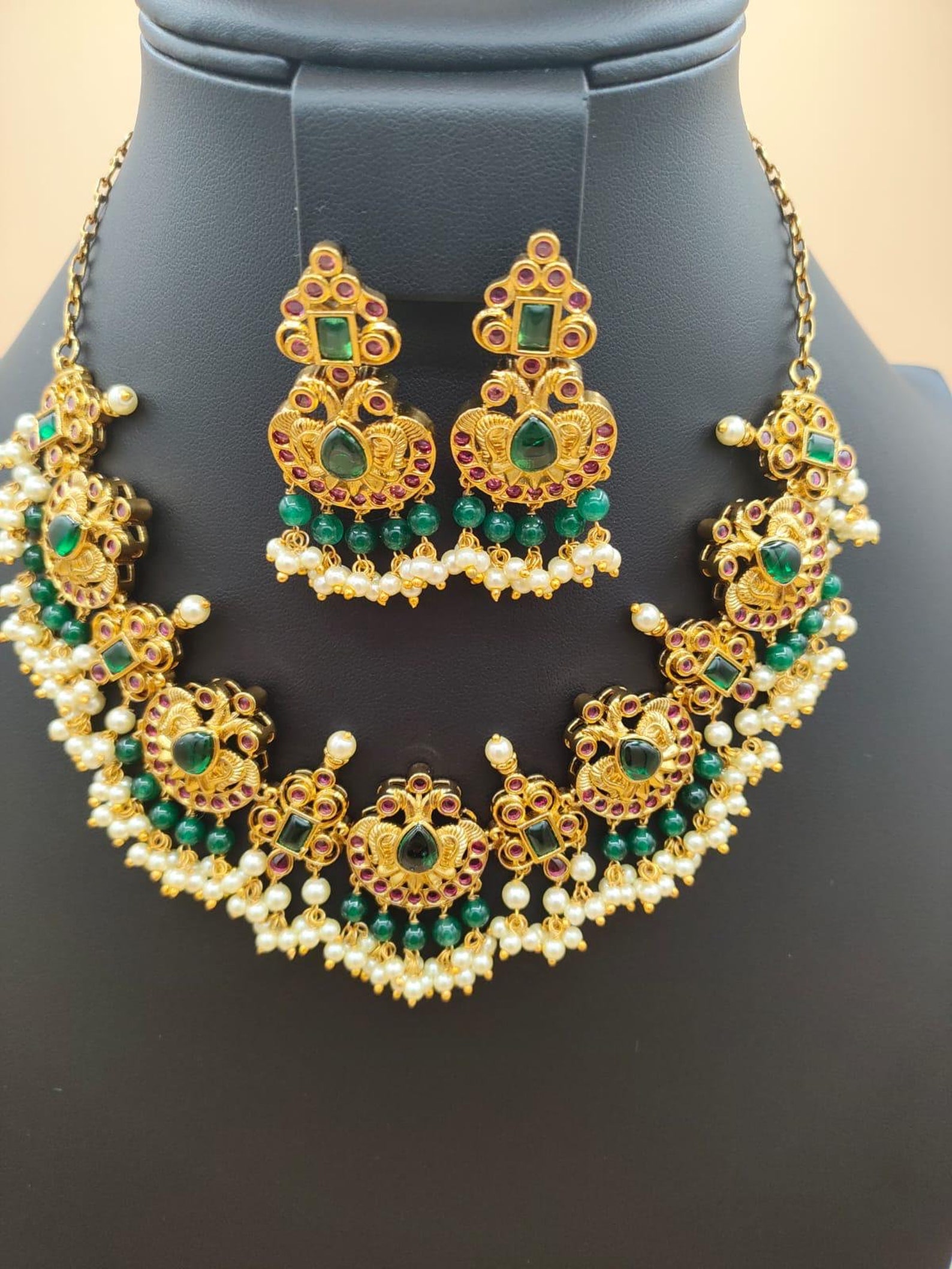 Traditional 1gm Gold Necklace With Red & Green Kempu Stones ,green ...
