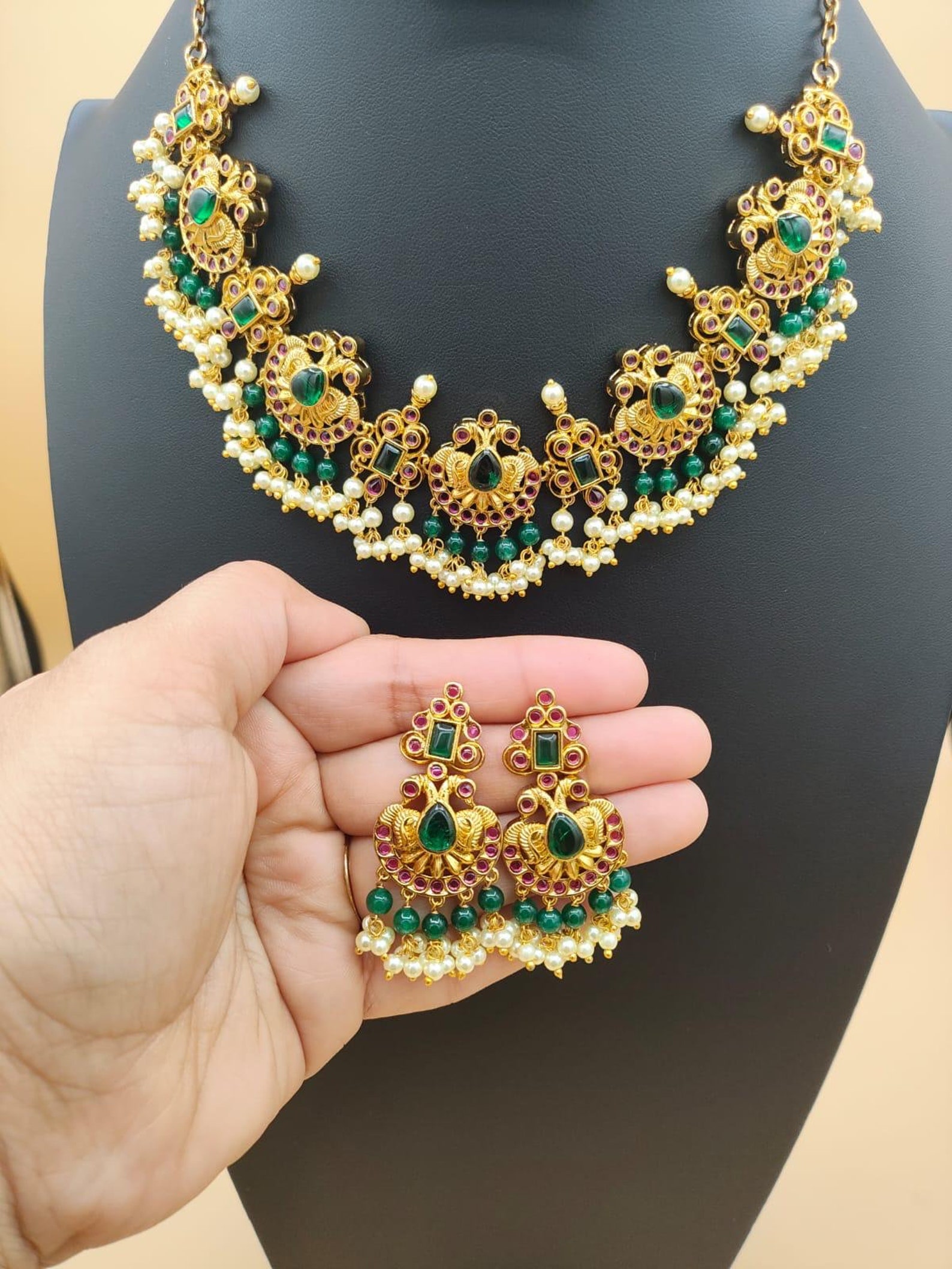 Traditional 1gm Gold Necklace With Red & Green Kempu Stones ,green ...