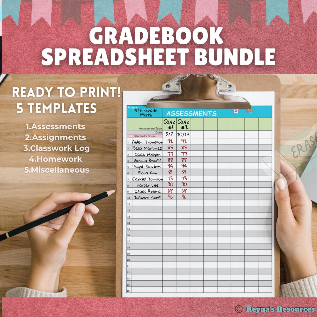 Printable Teacher Gradebook Templates: Classroom Assessment ...