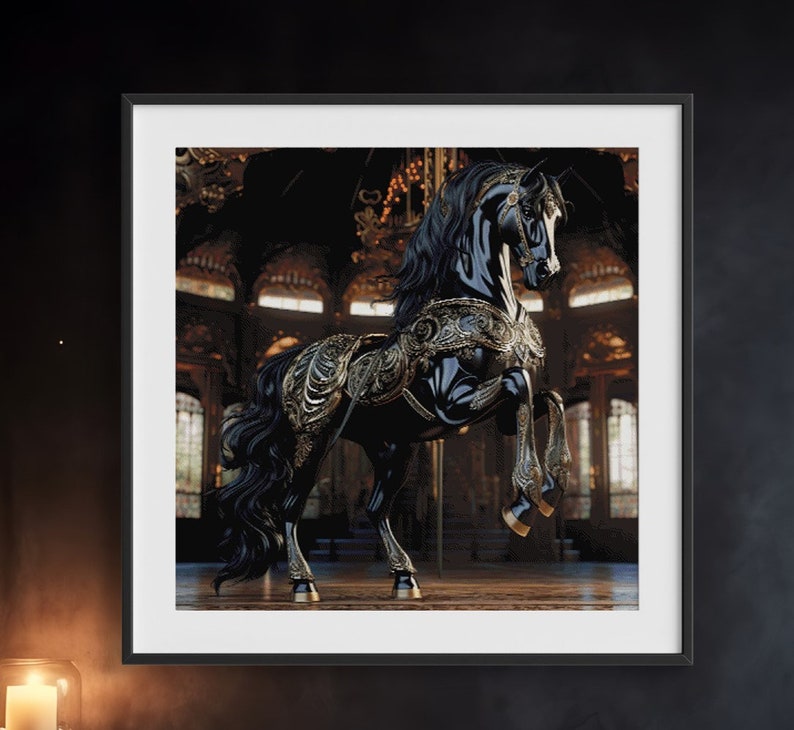 Stunning Black Carousel Horse With White Blaze Digital Cross Stitch ...