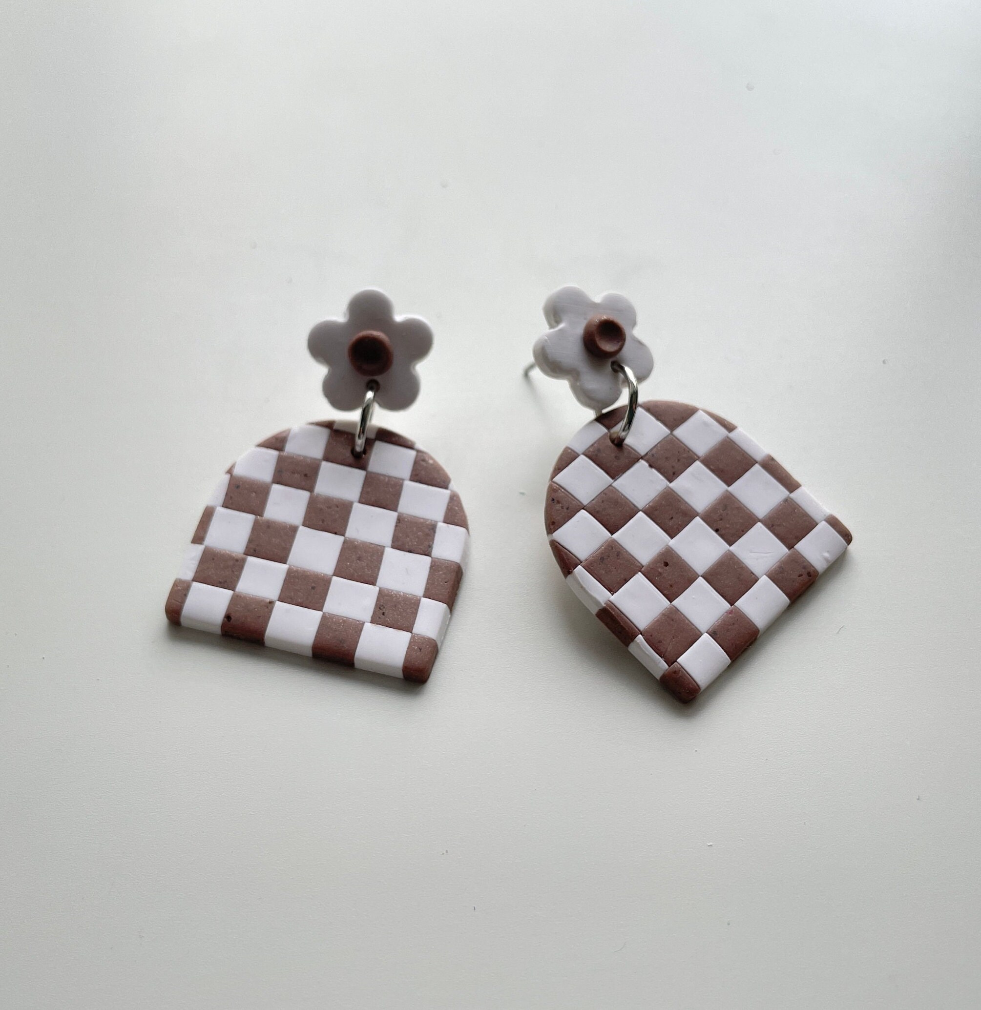 Daisy Checkerboard Taupe Polymer Clay Earrings - Etsy