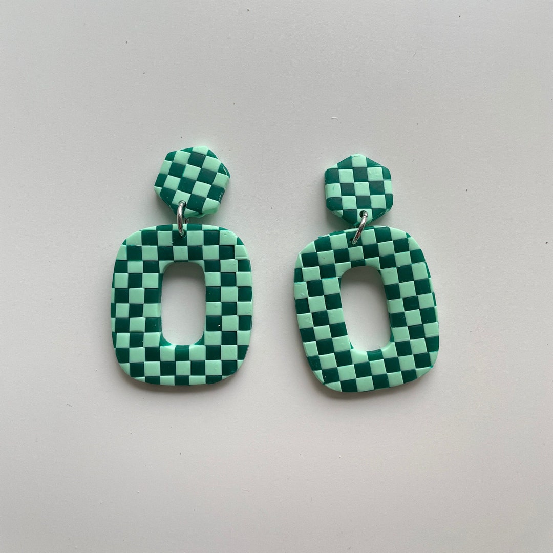 Two-tone Green Checkerboard Pattern Dangle Polymer Clay Earrings - Etsy