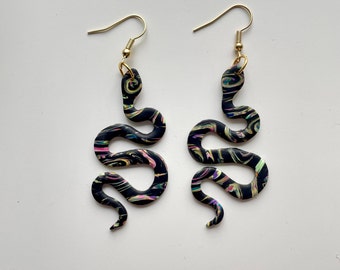 Handmade Coiled Black Snake and Gold Foil Polymer Clay Dangle Earrings ...