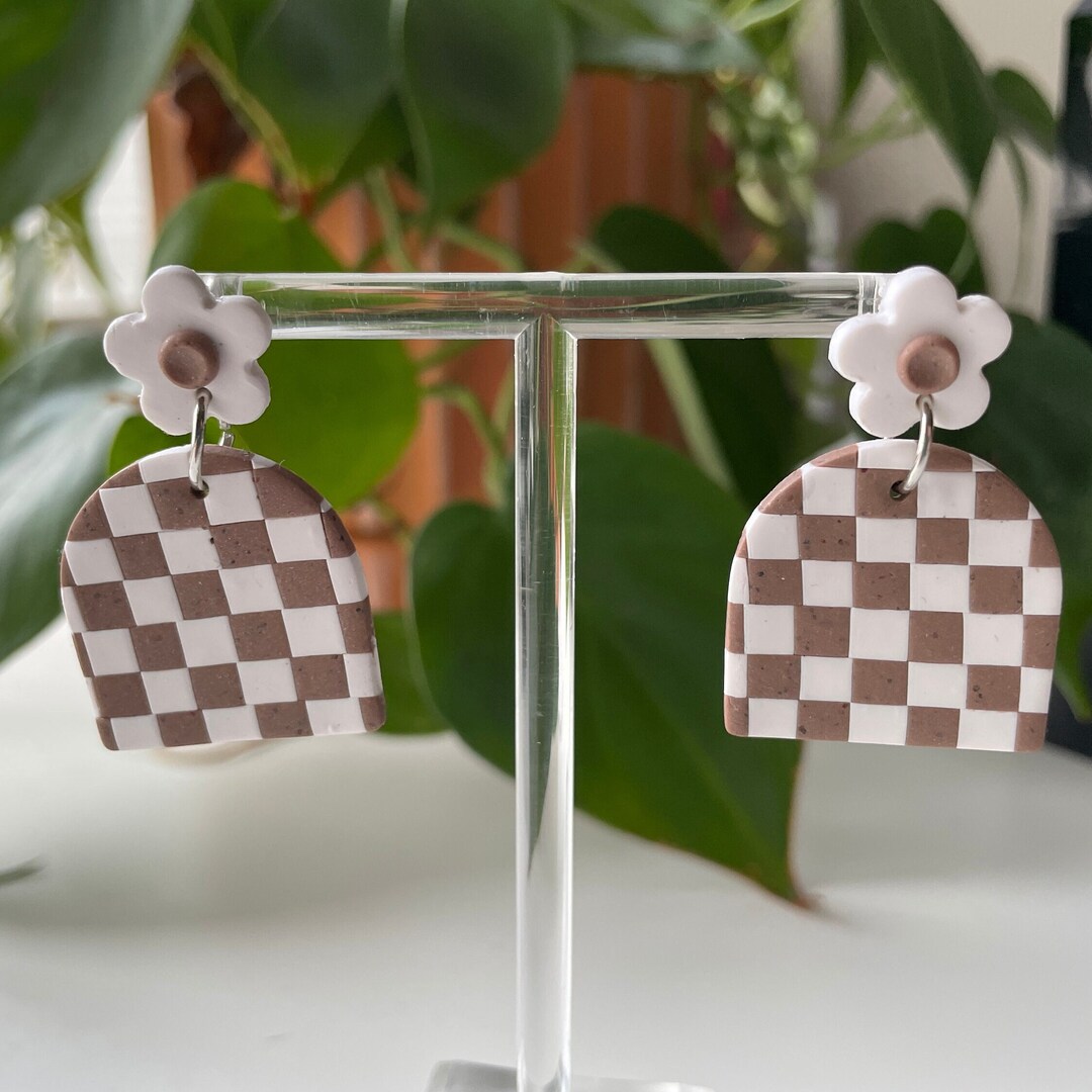 Daisy Checkerboard Taupe Polymer Clay Earrings - Etsy