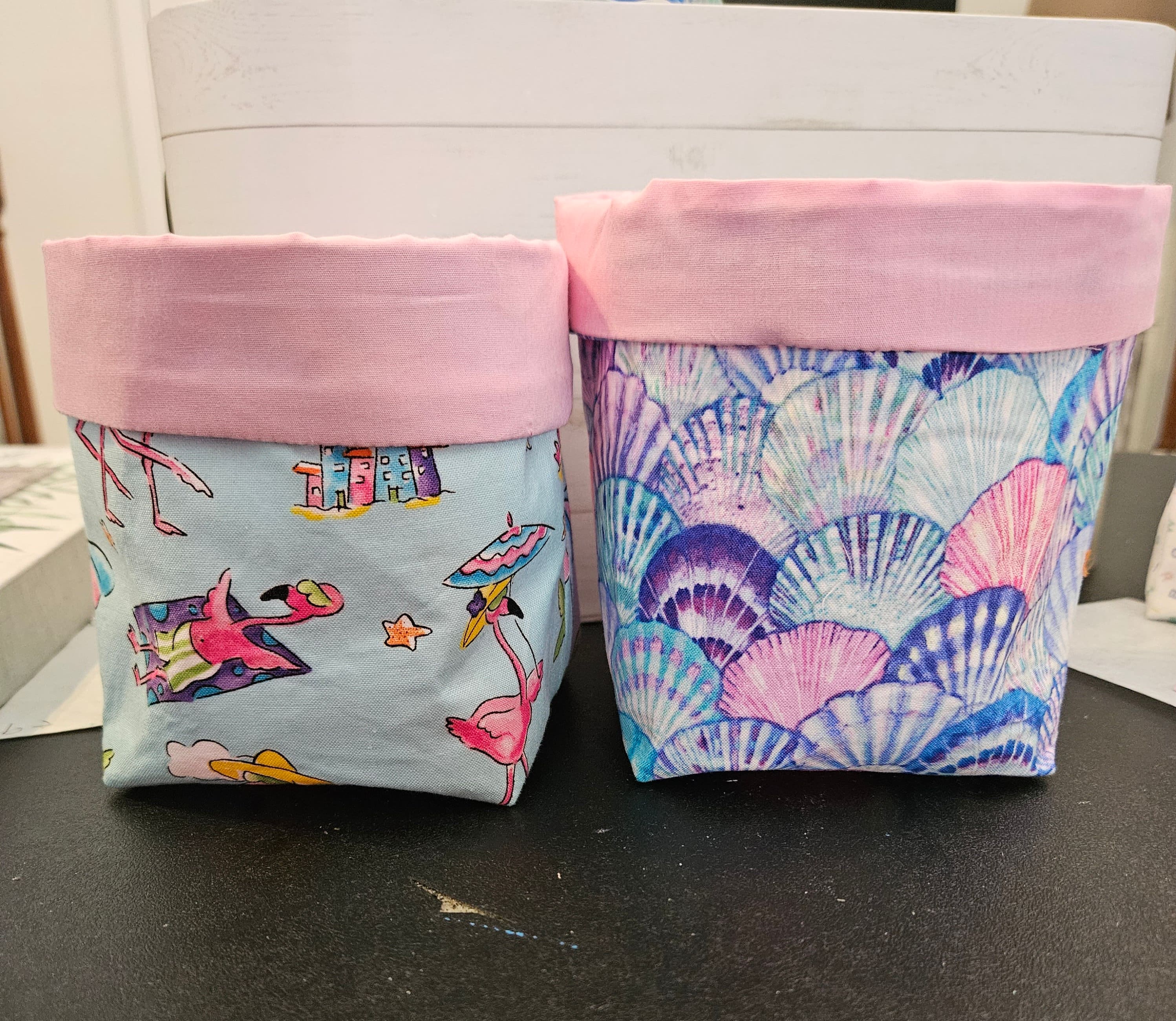 Small Fabric Basket Flamingo or Coastal Shells Organizer Home - Etsy